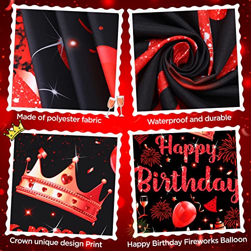 Red Birthday Party Banner Decorations, Red and Black Happy Birthday Door Cover Backdrop Glitter Crown Banner Sign for Kids Girls Women Men Birthday Photo Booth Background Front Door Supplies,73''X36''