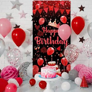 Red Birthday Party Banner Decorations, Red and Black Happy Birthday Door Cover Backdrop Glitter Crown Banner Sign for Kids Girls Women Men Birthday Photo Booth Background Front Door Supplies,73''X36''