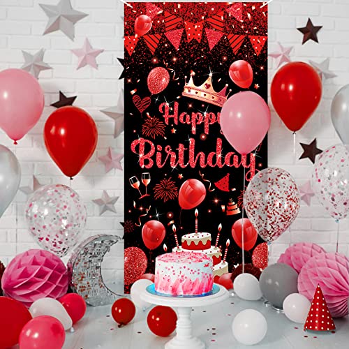 Red Birthday Party Banner Decorations, Red and Black Happy Birthday Door Cover Backdrop Glitter Crown Banner Sign for Kids Girls Women Men Birthday Photo Booth Background Front Door Supplies,73''X36''