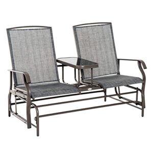 outsunny outdoor glider bench with center table, metal frame patio loveseat with breathable mesh fabric and armrests for backyard garden porch, gray