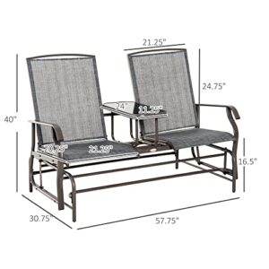 Outsunny Outdoor Glider Bench with Center Table, Metal Frame Patio Loveseat with Breathable Mesh Fabric and Armrests for Backyard Garden Porch, Gray