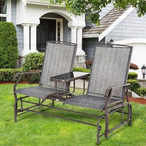 Outsunny Outdoor Glider Bench with Center Table, Metal Frame Patio Loveseat with Breathable Mesh Fabric and Armrests for Backyard Garden Porch, Gray