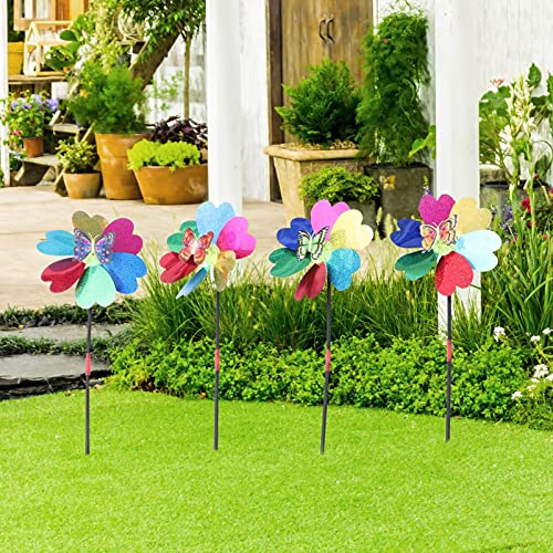 DOITOOL 4PCS Garden Wind Spinner Garden Pinwheels Sunflower Wind Spinners with Metal Stakes for Yard Decor Sequin Butterfly Windmill