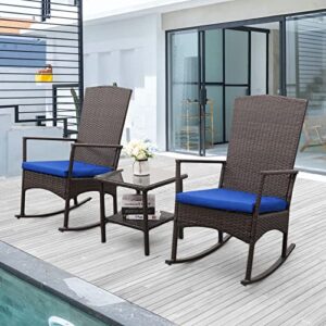 outdoor pe wicker rocking chair 3-piece patio rattan bistro set 2 rocker armchair and glass coffee side table furniture, washable lacing cushion (royal blue)