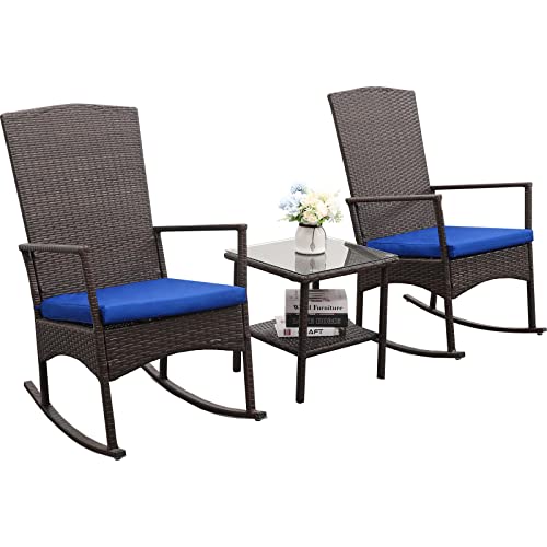 Outdoor PE Wicker Rocking Chair 3-Piece Patio Rattan Bistro Set 2 Rocker Armchair and Glass Coffee Side Table Furniture, Washable Lacing Cushion (Royal Blue)