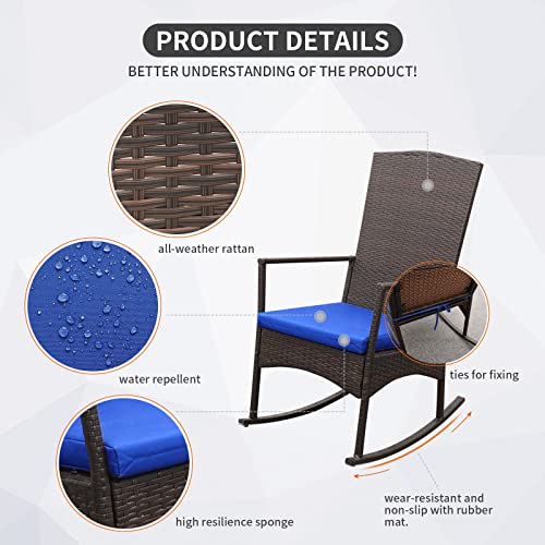 Outdoor PE Wicker Rocking Chair 3-Piece Patio Rattan Bistro Set 2 Rocker Armchair and Glass Coffee Side Table Furniture, Washable Lacing Cushion (Royal Blue)