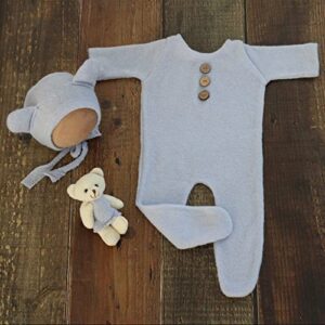 Zeroest Newborn Photography Props Boy Outfits Baby Photo Shoot Prop Outfit Bebe Boy Picture Bear Hat Footed Romper Set Costume (Light Blue)