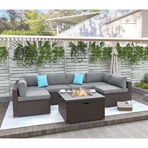 hompus 7-piece outdoor patio furniture set, all-weather wicker sectional sofa, dark grey cushions w 32-inch square dark brown wicker fire table (40,000 btu), tank outside, glass wind guard