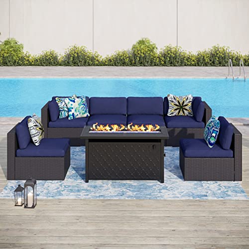 PHI VILLA 7 PCS Outdoor Patio Furniture Set with 45-Inch 50,000BTU Fire Pit Table All-Weather Rattan Patio Sectional Sofa Conversation Set, CSA Approved Propane Fire Pit(Navy Blue)