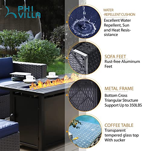 PHI VILLA 7 PCS Outdoor Patio Furniture Set with 45-Inch 50,000BTU Fire Pit Table All-Weather Rattan Patio Sectional Sofa Conversation Set, CSA Approved Propane Fire Pit(Navy Blue)