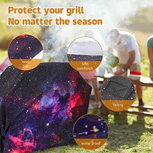 KYKU Galaxy BBQ Grill Cover 58 Inch Heavy Outdoor All Weather Waterproof Rip-Proof UV Resistant Fade Resistant Funny Nebula Barbecue Gas Grill Covers for Weber Spirit, Weber Genesis, Char Broil Etc