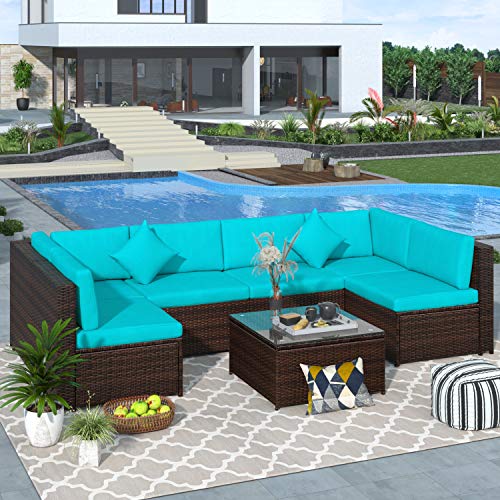 Merax 7 Pieces Patio, Weather PE Sectional Garden Furniture Corner Sofa Set for Backyard and Pool, Blue+Rattan