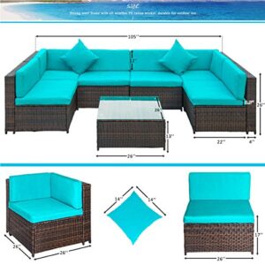 Merax 7 Pieces Patio, Weather PE Sectional Garden Furniture Corner Sofa Set for Backyard and Pool, Blue+Rattan