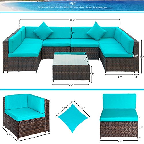 Merax 7 Pieces Patio, Weather PE Sectional Garden Furniture Corner Sofa Set for Backyard and Pool, Blue+Rattan