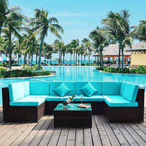 Merax 7 Pieces Patio, Weather PE Sectional Garden Furniture Corner Sofa Set for Backyard and Pool, Blue+Rattan