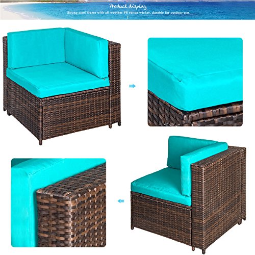 Merax 7 Pieces Patio, Weather PE Sectional Garden Furniture Corner Sofa Set for Backyard and Pool, Blue+Rattan