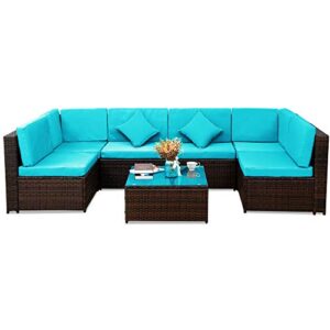 Merax 7 Pieces Patio, Weather PE Sectional Garden Furniture Corner Sofa Set for Backyard and Pool, Blue+Rattan