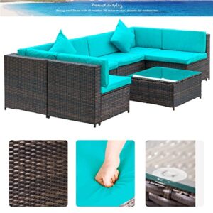 Merax 7 Pieces Patio, Weather PE Sectional Garden Furniture Corner Sofa Set for Backyard and Pool, Blue+Rattan