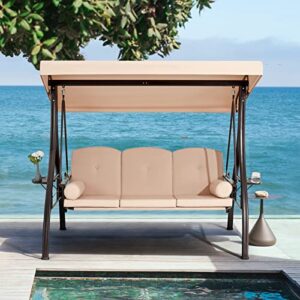 HOMREST 3-Seat Outdoor Porch Swing with Adjustable Canopy and Backrest, Patio Swing Chair with Weather Resistant Steel Frame,Comfortable Cushions for Balcony,Garden,Deck and Poolside(Khaki)