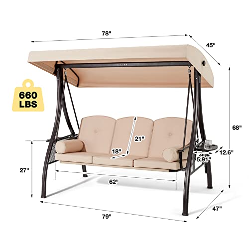 HOMREST 3-Seat Outdoor Porch Swing with Adjustable Canopy and Backrest, Patio Swing Chair with Weather Resistant Steel Frame,Comfortable Cushions for Balcony,Garden,Deck and Poolside(Khaki)