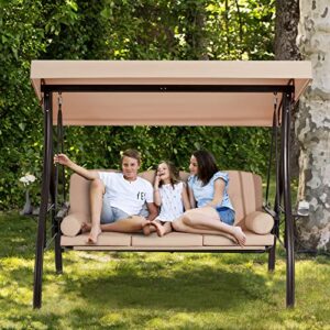 HOMREST 3-Seat Outdoor Porch Swing with Adjustable Canopy and Backrest, Patio Swing Chair with Weather Resistant Steel Frame,Comfortable Cushions for Balcony,Garden,Deck and Poolside(Khaki)