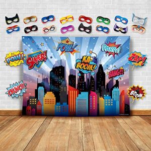 wonder woman and other superheroes cityscape photography backdrop, studio props & mask. great as super hero city photo booth background – girl birthday party & event decorations