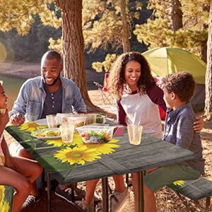 Sunflowers Picnic Bench Fitted Table Cover, Helianthus Against Weathered Aged Fence Summer Garden Photo Table Cloth, 28x72 Inch, 3 Piece Set, for Picnics Indoor and Outdoor Dining, Brown Yellow