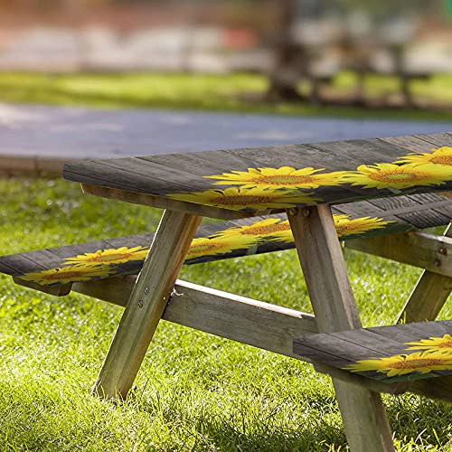 Sunflowers Picnic Bench Fitted Table Cover, Helianthus Against Weathered Aged Fence Summer Garden Photo Table Cloth, 28x72 Inch, 3 Piece Set, for Picnics Indoor and Outdoor Dining, Brown Yellow