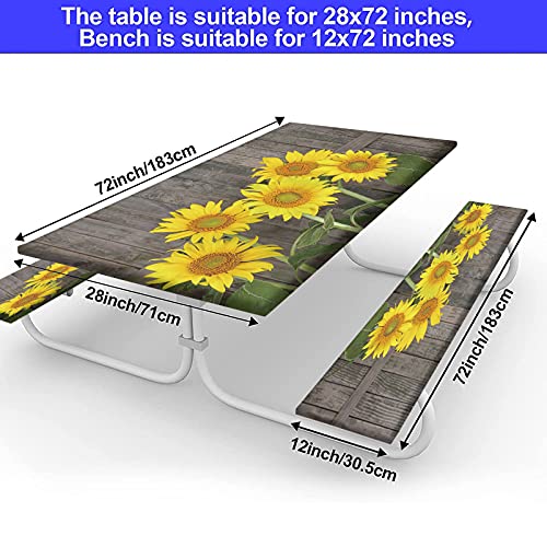 Sunflowers Picnic Bench Fitted Table Cover, Helianthus Against Weathered Aged Fence Summer Garden Photo Table Cloth, 28x72 Inch, 3 Piece Set, for Picnics Indoor and Outdoor Dining, Brown Yellow