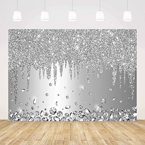 ABLIN 7x5ft Silver Backdrop Dripping Glitter Crystal Diamond Silver Happy Birthday Party Bridal Shower Wedding Decorations Photography Background Photo Shoot Props