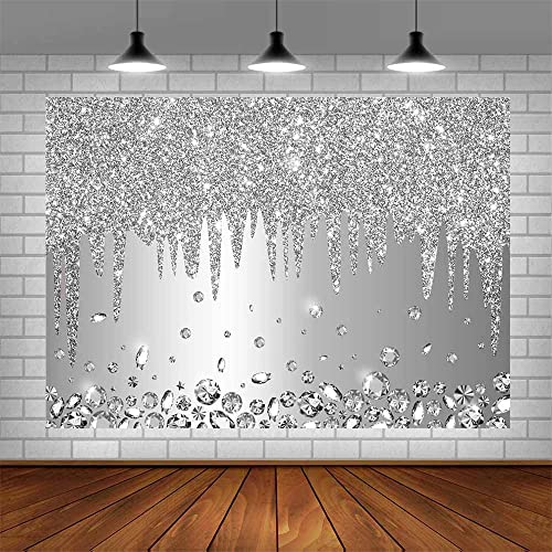 ABLIN 7x5ft Silver Backdrop Dripping Glitter Crystal Diamond Silver Happy Birthday Party Bridal Shower Wedding Decorations Photography Background Photo Shoot Props