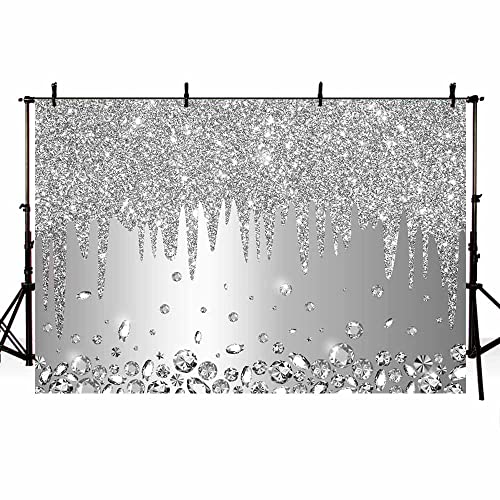 ABLIN 7x5ft Silver Backdrop Dripping Glitter Crystal Diamond Silver Happy Birthday Party Bridal Shower Wedding Decorations Photography Background Photo Shoot Props