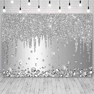 ABLIN 7x5ft Silver Backdrop Dripping Glitter Crystal Diamond Silver Happy Birthday Party Bridal Shower Wedding Decorations Photography Background Photo Shoot Props