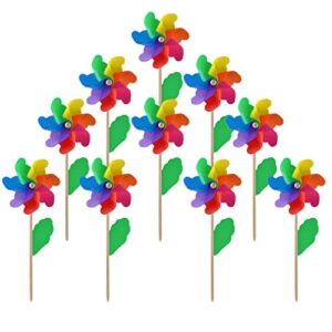 yolyoo 10pcs wooden stick pinwheels,windmill party pinwheels diy pinwheels set for kids toy garden lawn party decor