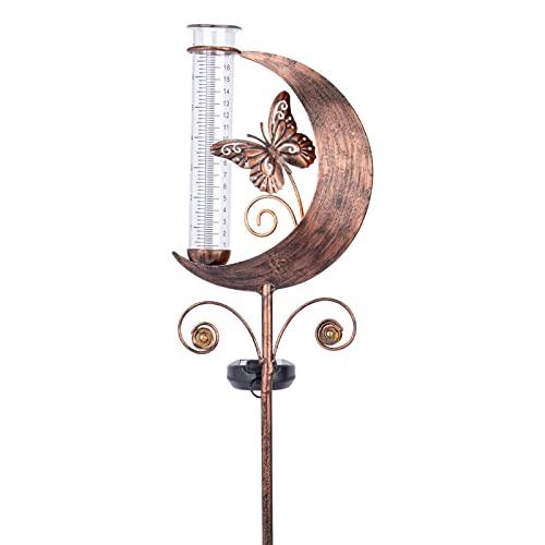 Rain Gauge Outdoor, 35 Inch Solar Powered Metal Butterfly and Moon Garden Stake with Glass Tube for Garden Yard Deck Outdoors Fence Decoration