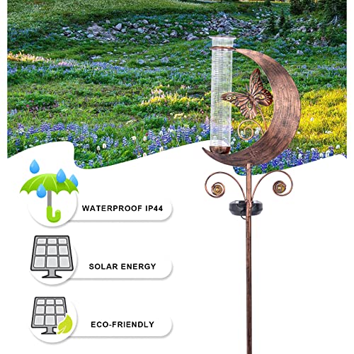 Rain Gauge Outdoor, 35 Inch Solar Powered Metal Butterfly and Moon Garden Stake with Glass Tube for Garden Yard Deck Outdoors Fence Decoration