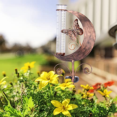 Rain Gauge Outdoor, 35 Inch Solar Powered Metal Butterfly and Moon Garden Stake with Glass Tube for Garden Yard Deck Outdoors Fence Decoration