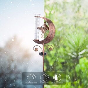 Rain Gauge Outdoor, 35 Inch Solar Powered Metal Butterfly and Moon Garden Stake with Glass Tube for Garden Yard Deck Outdoors Fence Decoration