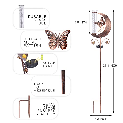 Rain Gauge Outdoor, 35 Inch Solar Powered Metal Butterfly and Moon Garden Stake with Glass Tube for Garden Yard Deck Outdoors Fence Decoration