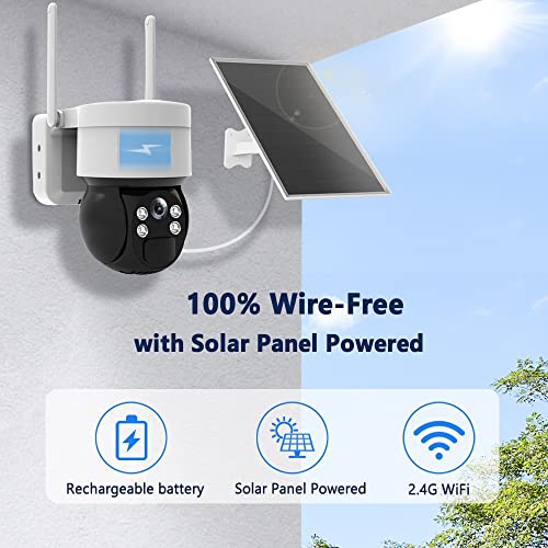 Security Camera Wireless Outdoor Solar Powered, WiFi PTZ Battery Surveillance Camera for Home Security, Color Night Vision, 2 Way Audio, Motion Detection & Phone Alerts, Cloud Storage & SD Card Slot