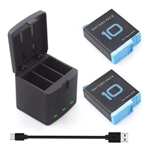 2 pack batteries fit for gopro hero 10, gopro hero 9 black, 3-channel battery charger station for hero 10/ hero 9