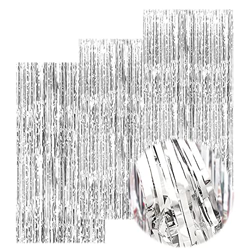 3Packs 3.2ft x 8.2ft Silver Foil Fringe Curtain, Silver Streamer Backdrop, Silver Tinsel Curtains for Bachelorette Engagement Bridal Shower Wedding Birthday Party Decorations