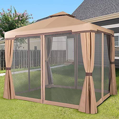 SUNCROWN 10 x 10 FT Outdoor Gazebo for Patio Aluminum Frame Garden Permanent Gazebo with Vented Soft Canopy and Mosquito Netting, Khaki