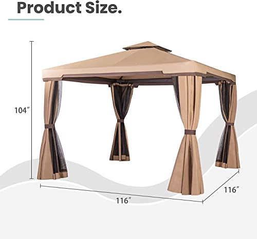 SUNCROWN 10 x 10 FT Outdoor Gazebo for Patio Aluminum Frame Garden Permanent Gazebo with Vented Soft Canopy and Mosquito Netting, Khaki