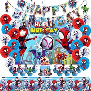 spidey and his amazing friends birthday decorations, party supplies set include banner, backdrop, balloons, hanging swirls, cake cupcake toppers, tablecloth for boys girls spidey theme party