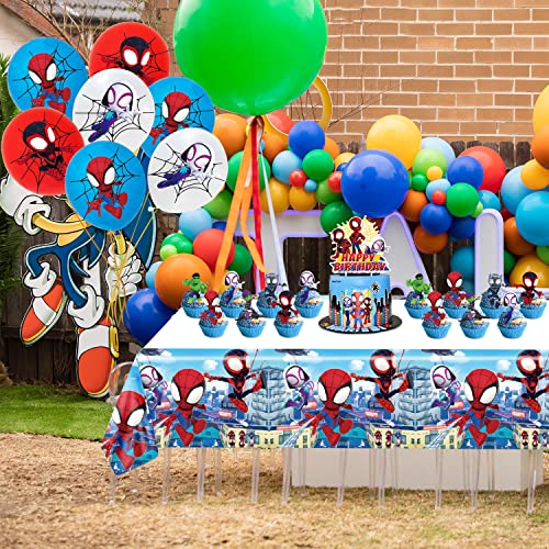 Spidey and His Amazing Friends Birthday Decorations, Party Supplies Set Include Banner, Backdrop, Balloons, Hanging Swirls, Cake Cupcake Toppers, Tablecloth for Boys Girls Spidey Theme Party