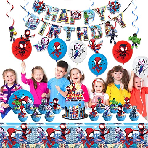 Spidey and His Amazing Friends Birthday Decorations, Party Supplies Set Include Banner, Backdrop, Balloons, Hanging Swirls, Cake Cupcake Toppers, Tablecloth for Boys Girls Spidey Theme Party