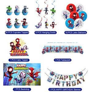 Spidey and His Amazing Friends Birthday Decorations, Party Supplies Set Include Banner, Backdrop, Balloons, Hanging Swirls, Cake Cupcake Toppers, Tablecloth for Boys Girls Spidey Theme Party