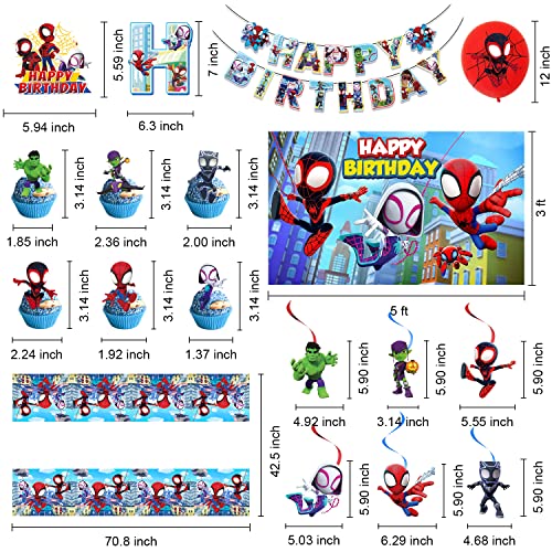 Spidey and His Amazing Friends Birthday Decorations, Party Supplies Set Include Banner, Backdrop, Balloons, Hanging Swirls, Cake Cupcake Toppers, Tablecloth for Boys Girls Spidey Theme Party