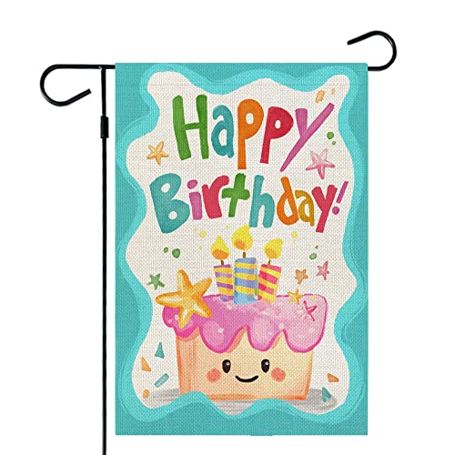 CROWNED BEAUTY Happy Birthday Garden Flag 12x18 Inch Double Sided Cake Blue Outside Welcome Party Decoration Gift Yard Flag